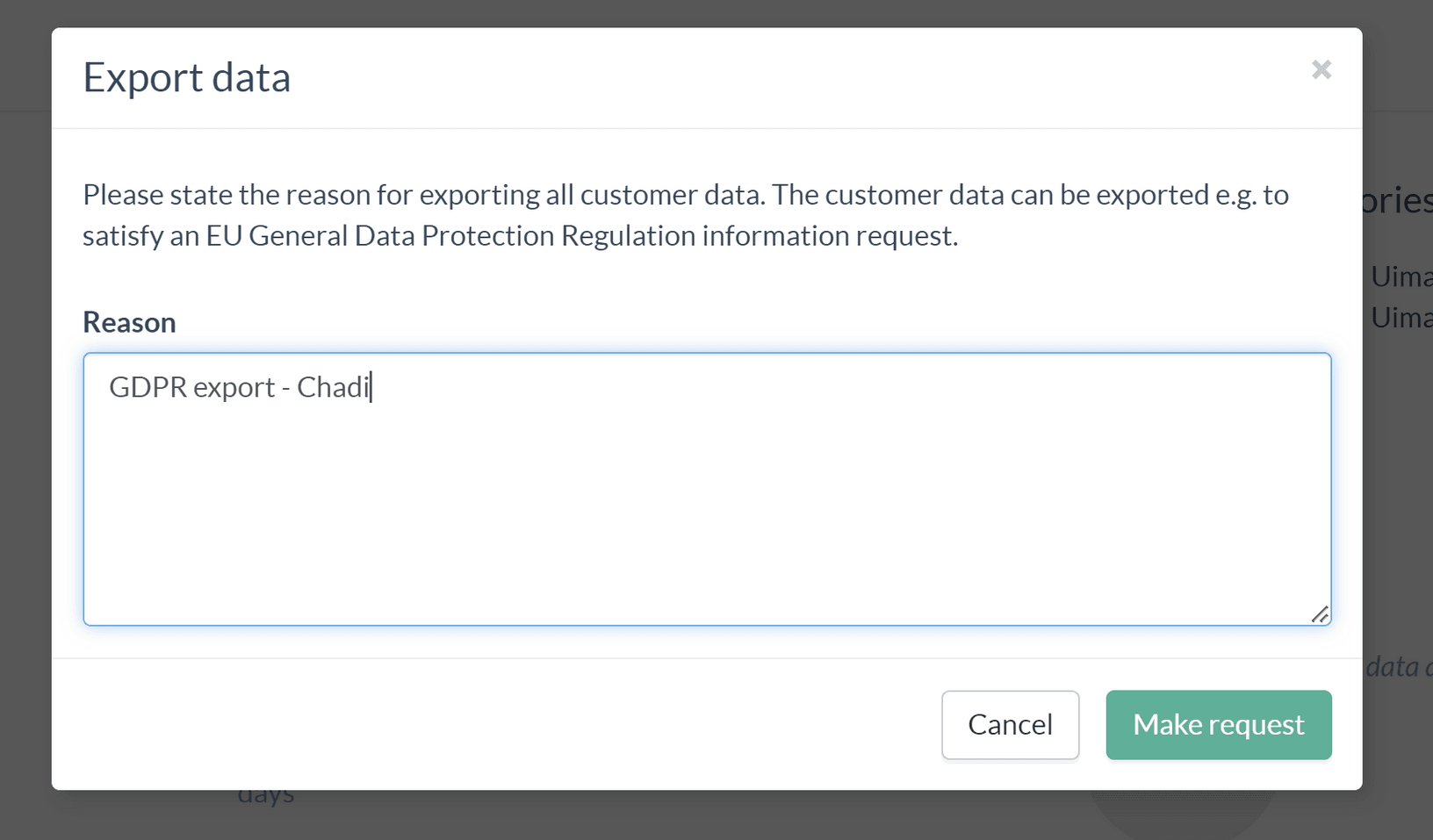 Customer data export for GDPR reasons